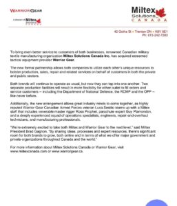 Miltex Solutions Canada Acquires Warrior Gear | Soldier Systems Daily ...