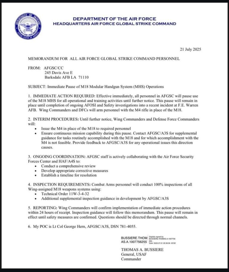 Air Force Global Strike Command Orders Pause In Use of M18 Modular ...